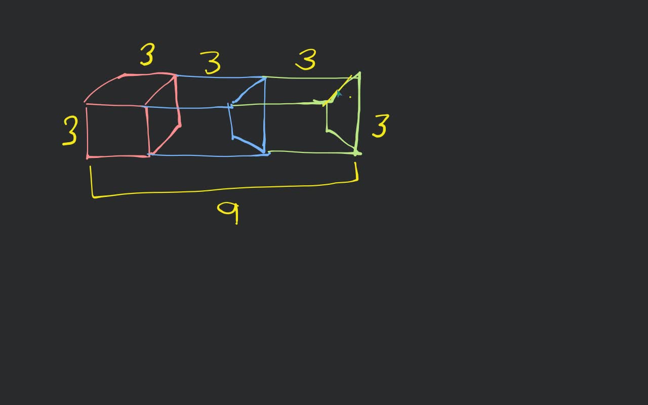 Three cubes of volume 27 \mathrm{~cm}^{3} each are joined end-to-end to f..