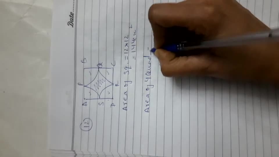 12. Find the area of the shaded region in Fig. where arcs drawn with cent..