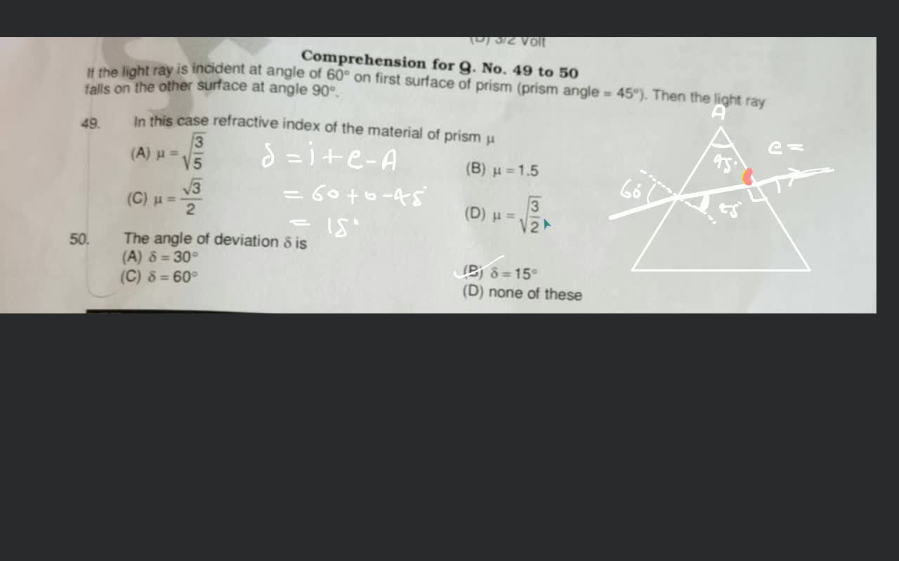 The angle of deviation δ is | Filo