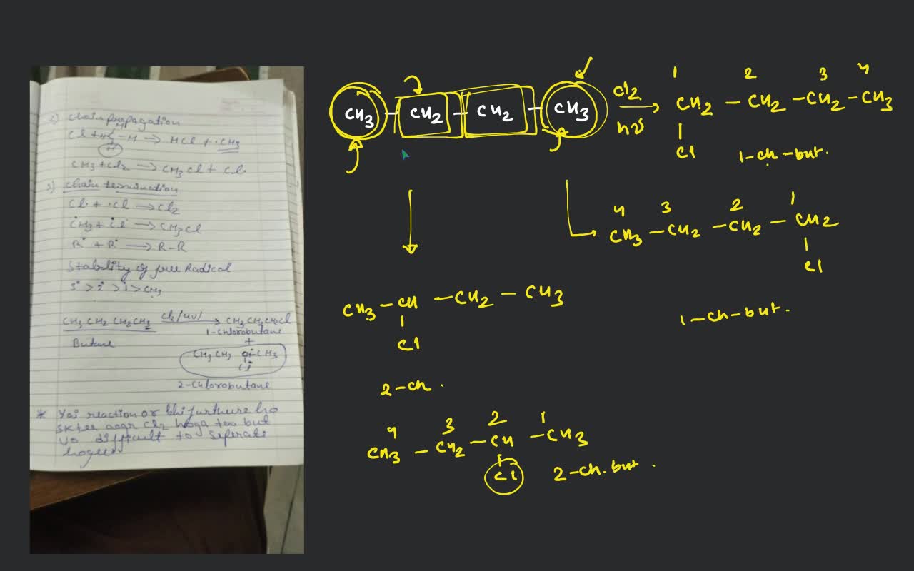 2) Chain propagationCl4 +Cl−H→HCl+⋅CH3 CH3 +Cl2 →CH3 Cl+Cl. 3) chain te..