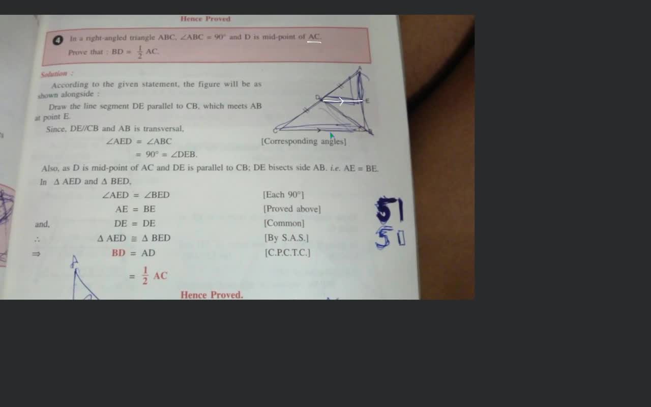 Hence Proved(4) In a right-angled triangle ABC,∠ABC=90∘ and D is mid-poi..