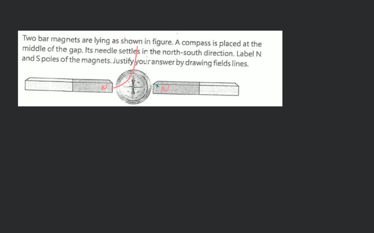 Two bar magnets are lying as shown in figure. A compass is placed at the