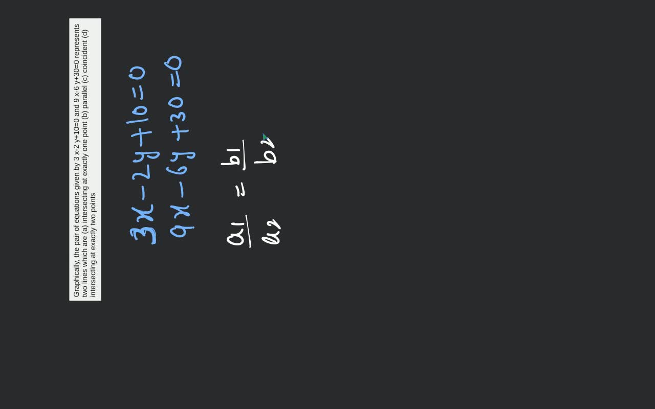 Graphically, the pair of equations given by 3 x-2 y+10=0 and 9 x-6 y+30=0..