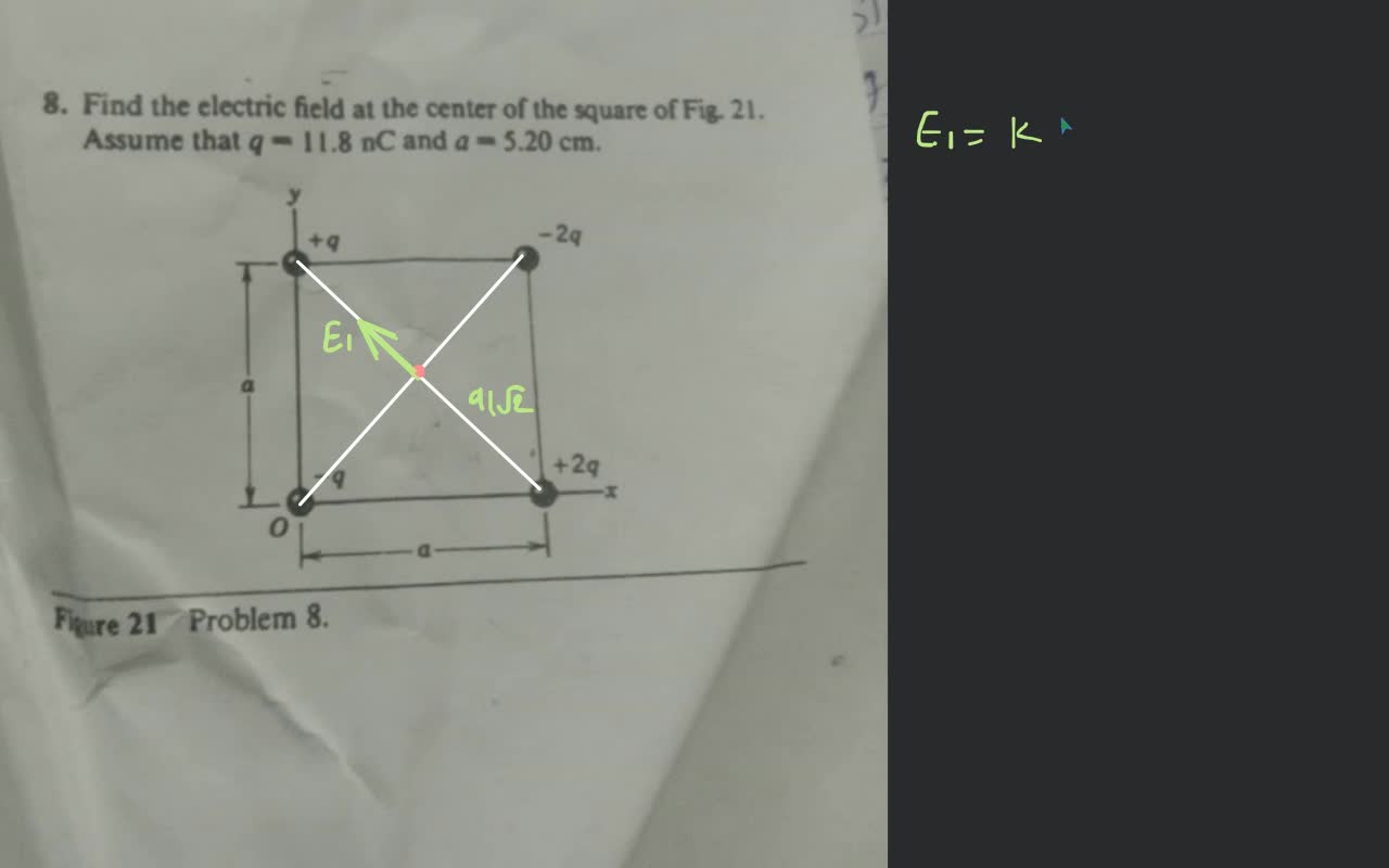 Find the electric field at the center of the square in Fig. 21. Assume th..