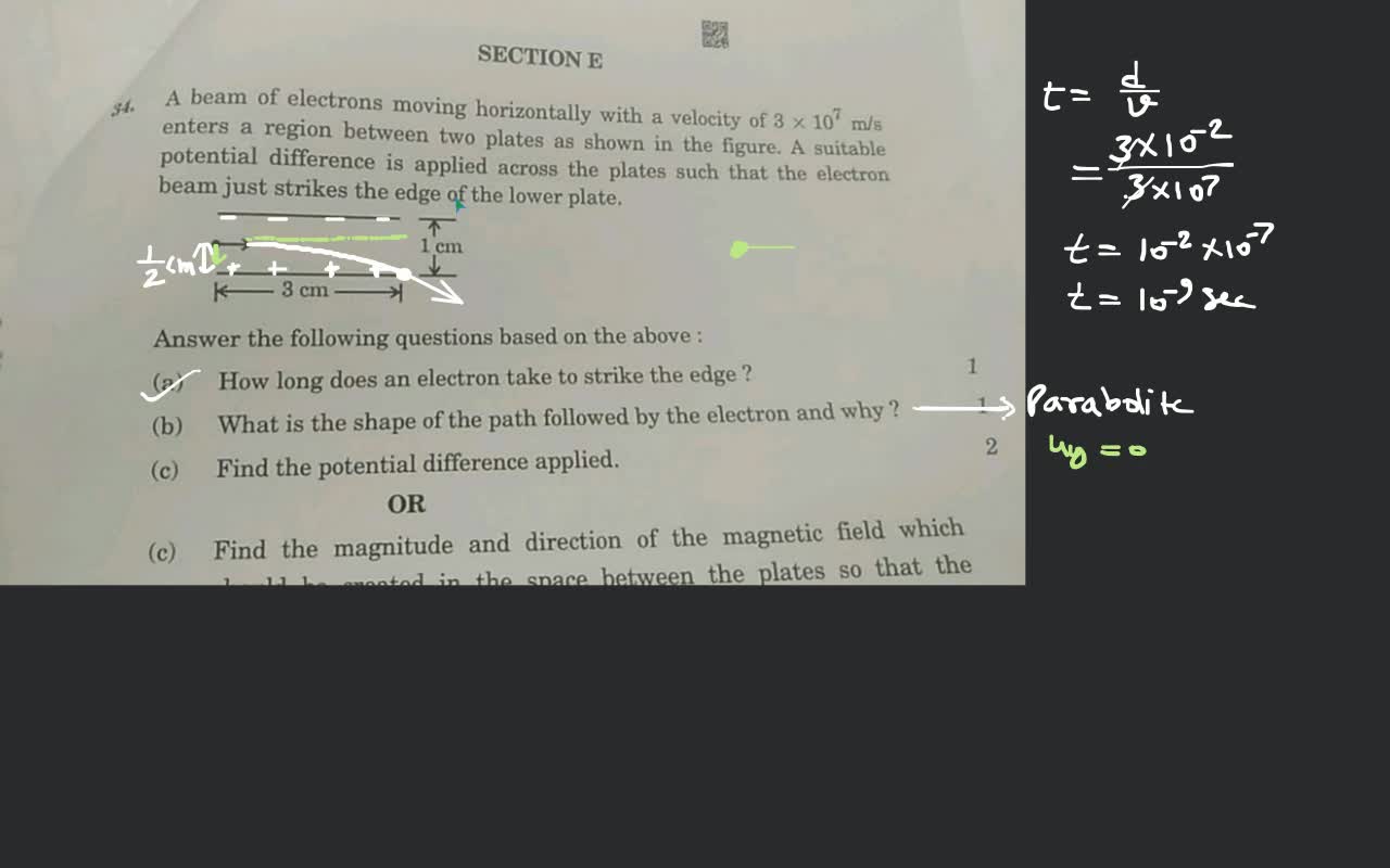 SECTION E A beam of electrons moving horizontally with a velocity of 3 \t..