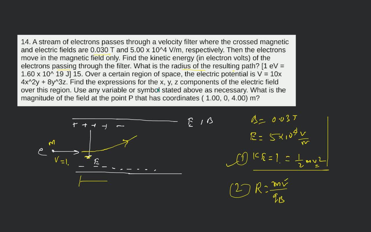 A stream of electrons passes through a velocity filter where the crossed