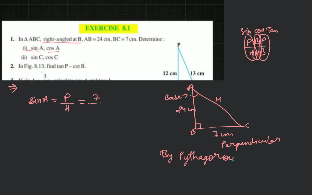 9:38 AM \%. 111 ฉ 69 ' EXERCISE 8.1 In \triangle A B C, right-angled at