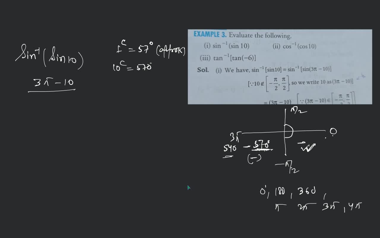 EXAMPLE 3. Evaluate the following. (i) sin−1(sin10) (ii) cos−1(cos10) (ii..