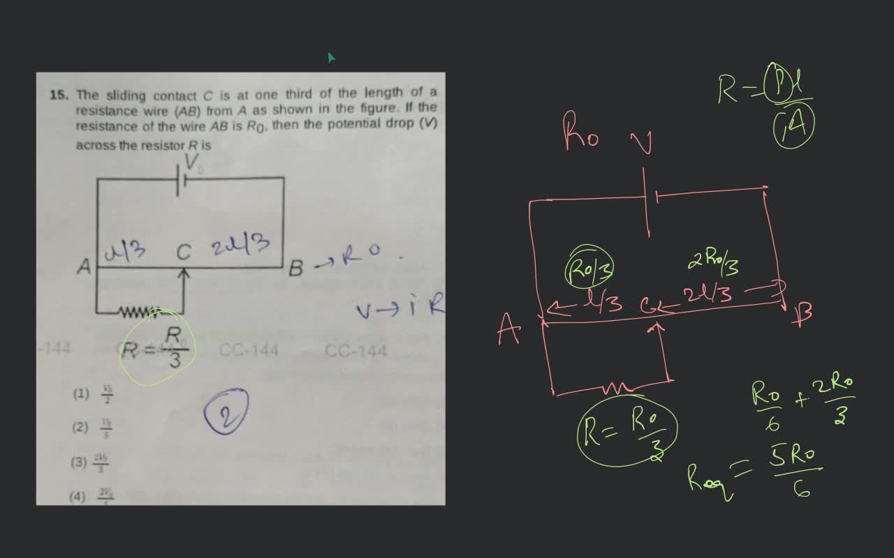 The sliding contact C is at one third of the length of a resistance wire