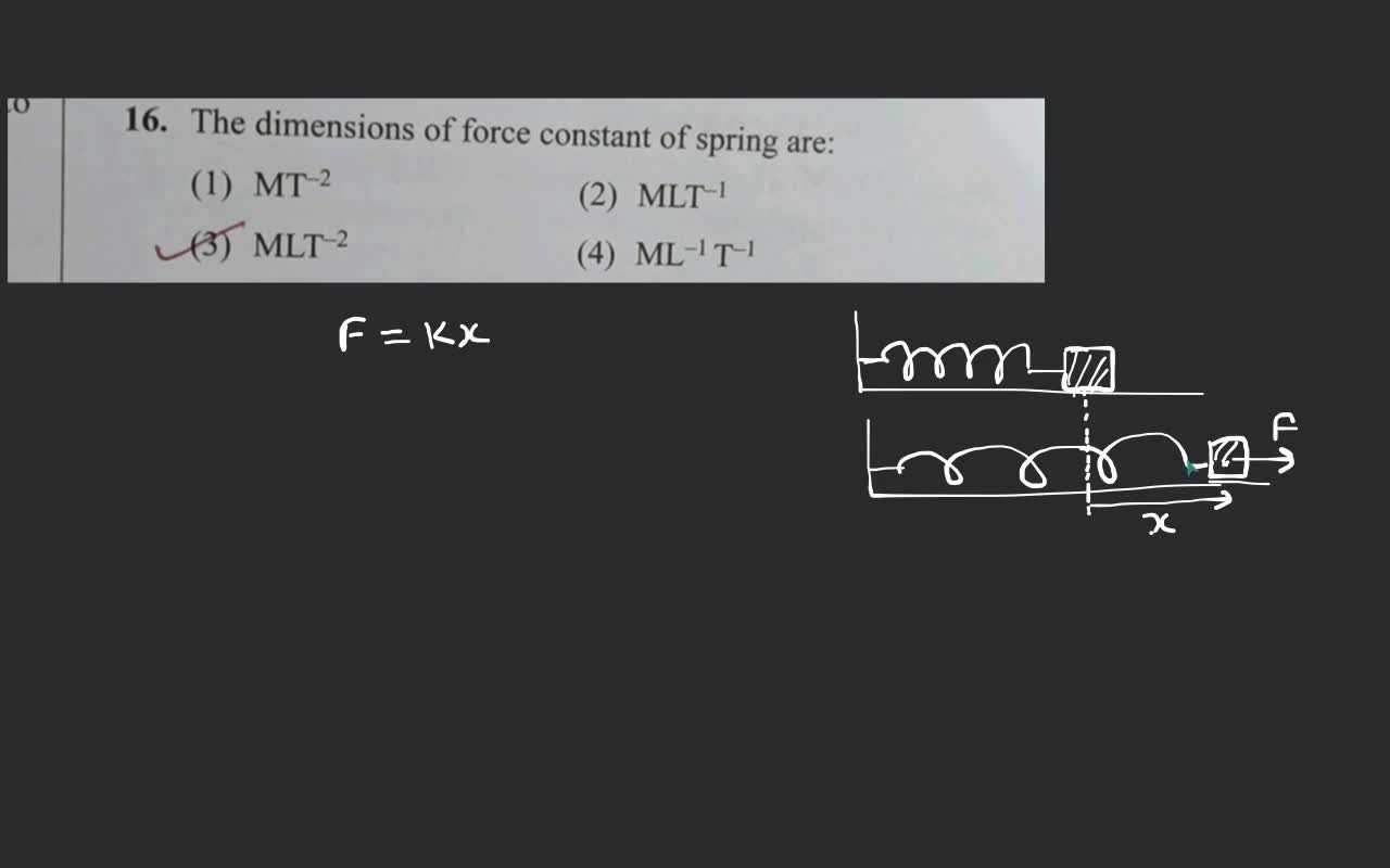 The dimensions of force constant of spring are: (1) MT-2 (3) MLT-2 (2) ML..