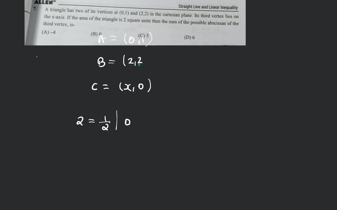 ALL ALLENⓇ Straight Line and Linear Inequality A triangle has two of its