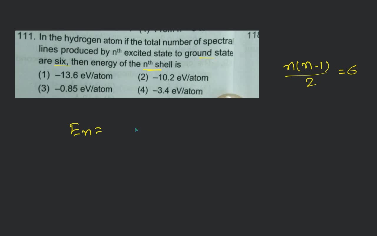 In the hydrogen atom if the total number of spectral lines produced by nt..