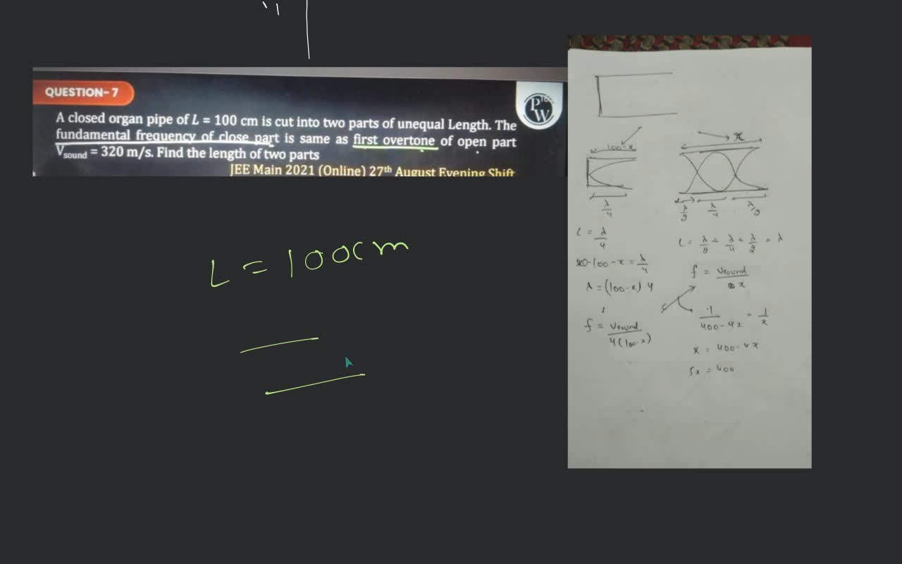 QUESTION-7 A closed organ pipe of L = 100 cm is cut into two parts of une..