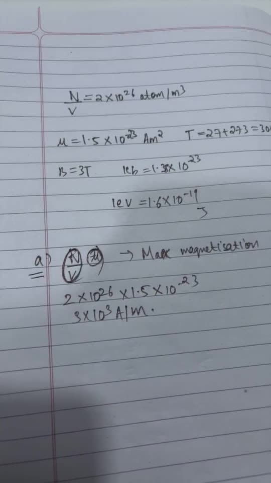 Aparamagnetic gas has 2.0 × 1026 atoms/m with atomic magnetic dipole mome..